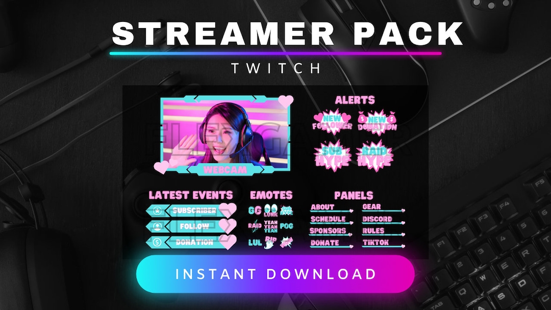 Twitch Overlay Package, Teal & Pink "hearts" Theme | Emotes | Feminine ...