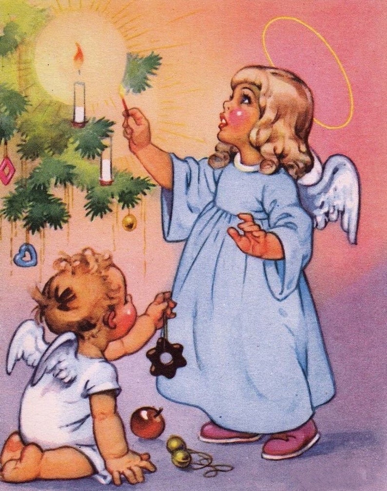 Set of TWO 5x7 Vintage Retro Angels Decorating Christmas Tree - Etsy