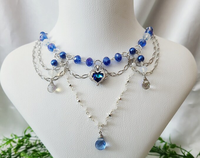 Blue Green Beaded Fairycore Necklace With Stainless Steel Heart Pendant ...