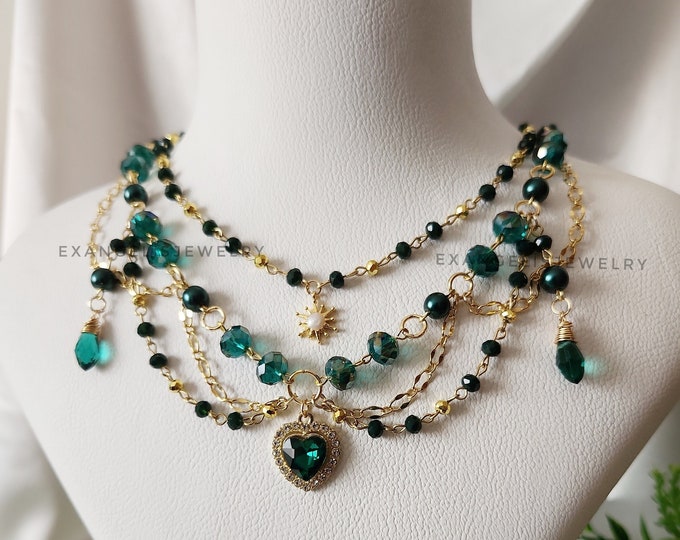 Celestialcore Grunge Necklace With Emerald Green Heart Pandent, Grunge ...