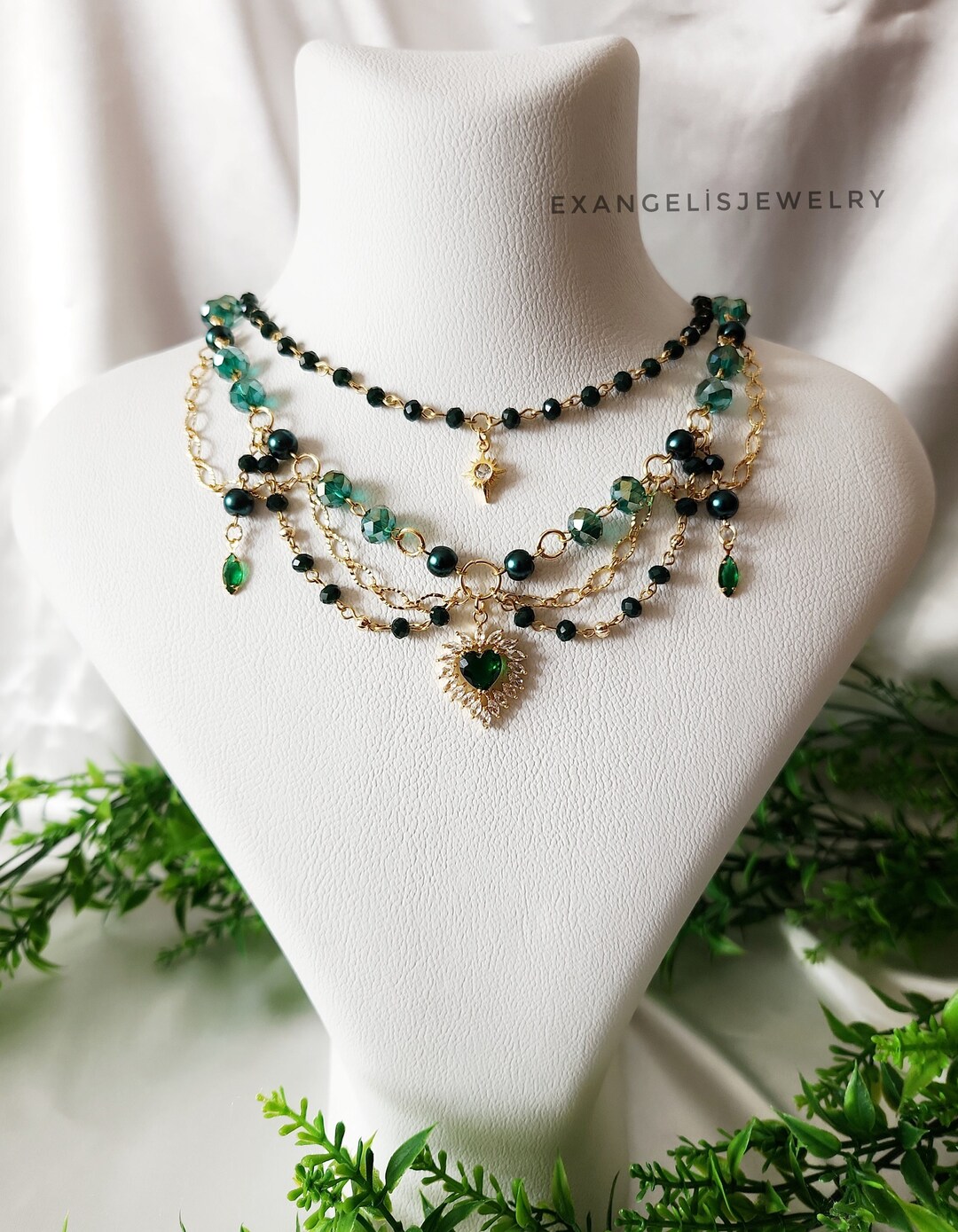 Celestialcore Grunge Necklace With Emerald Green Heart Pandent, Grunge ...