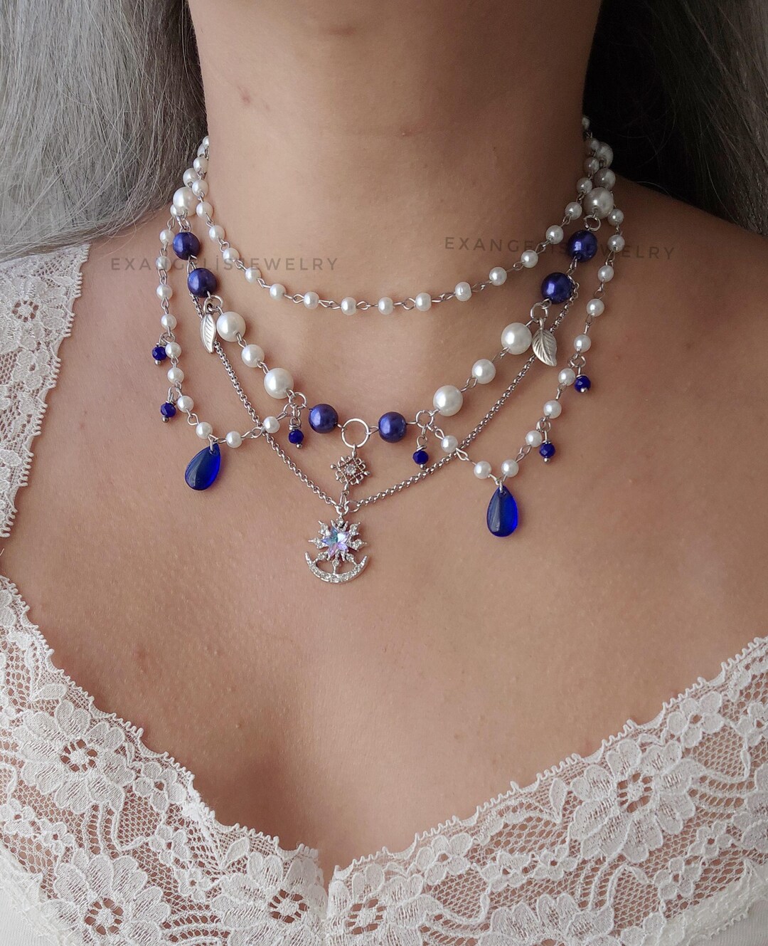 Layered Pearl & Blue Crystal Moon Necklace - Celestial Fairycore Choker ...