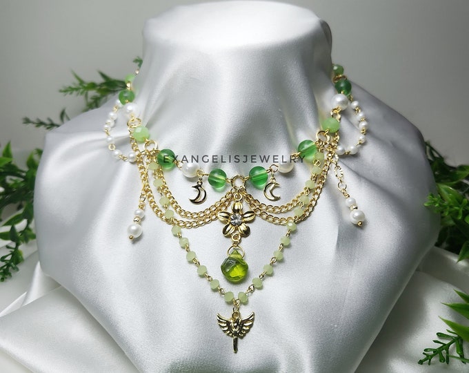 Fairy Fest Green Beaded Fairycore Necklace With Gold Plated Flower ...