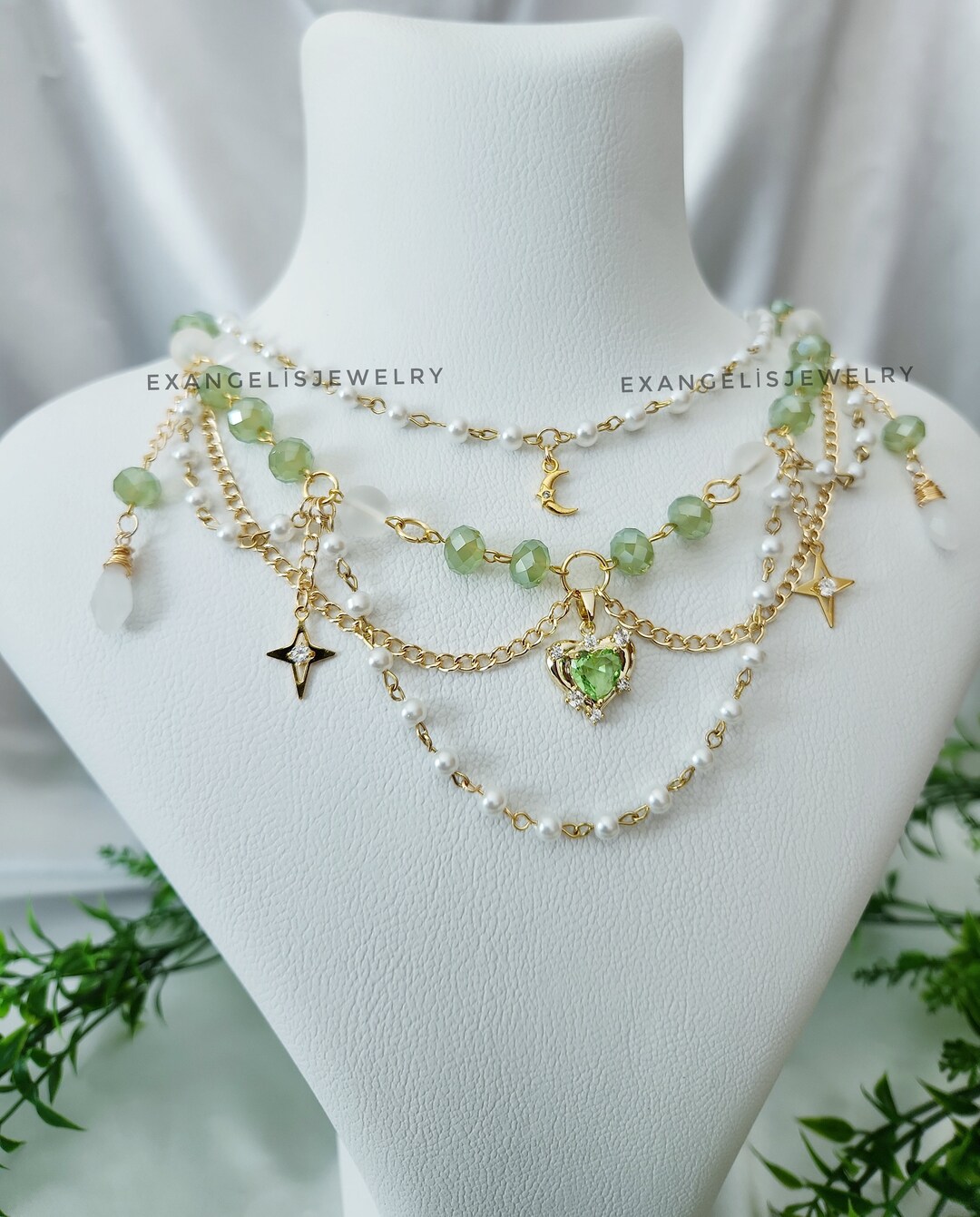 Green Beaded Fairycore Grunge Necklace With Stainless Steel Zircon ...