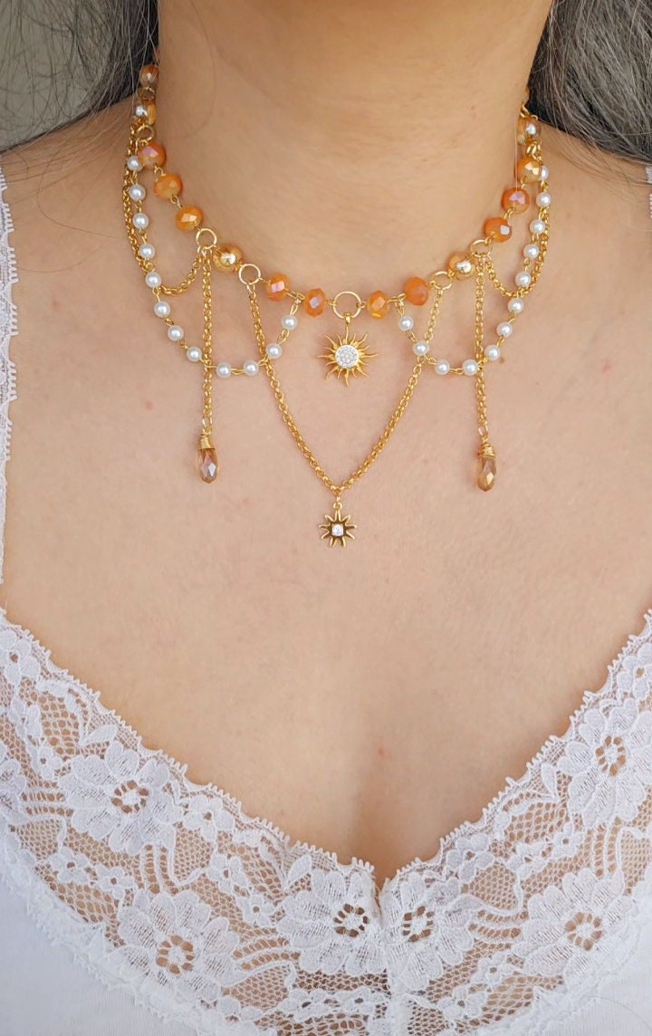 Goldy Beaded Fairycore Necklace With Zircon Sun Pendant Goldy Beaded Fairycore Necklace With Zircon Sun Pendant
