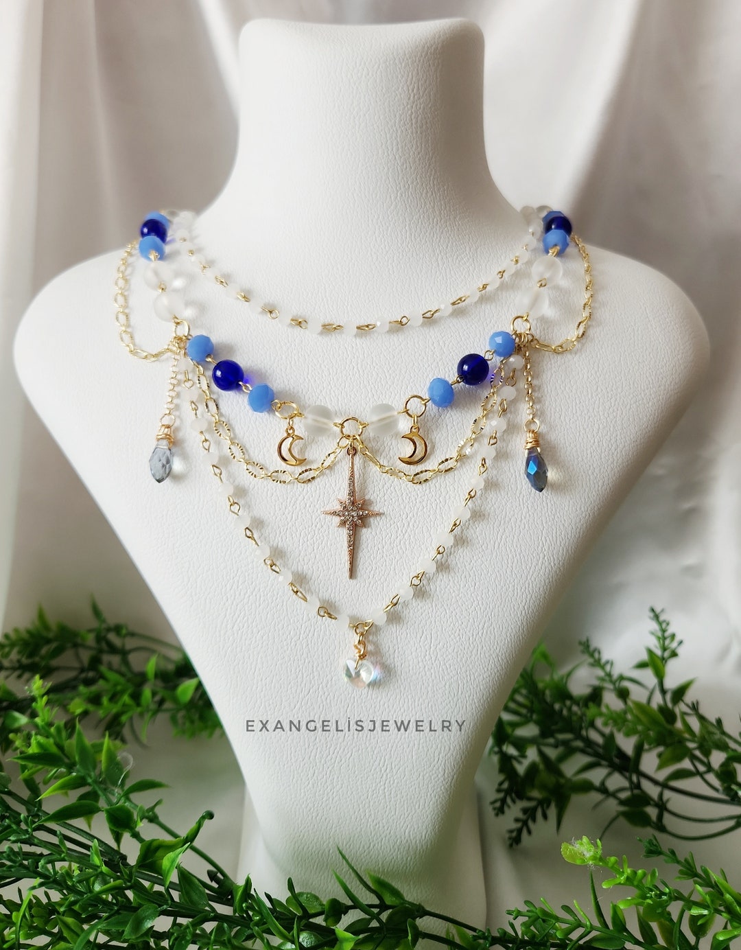 Sirius Pendant Grunge Necklace, Beaded Fairycore Necklace With Gold ...