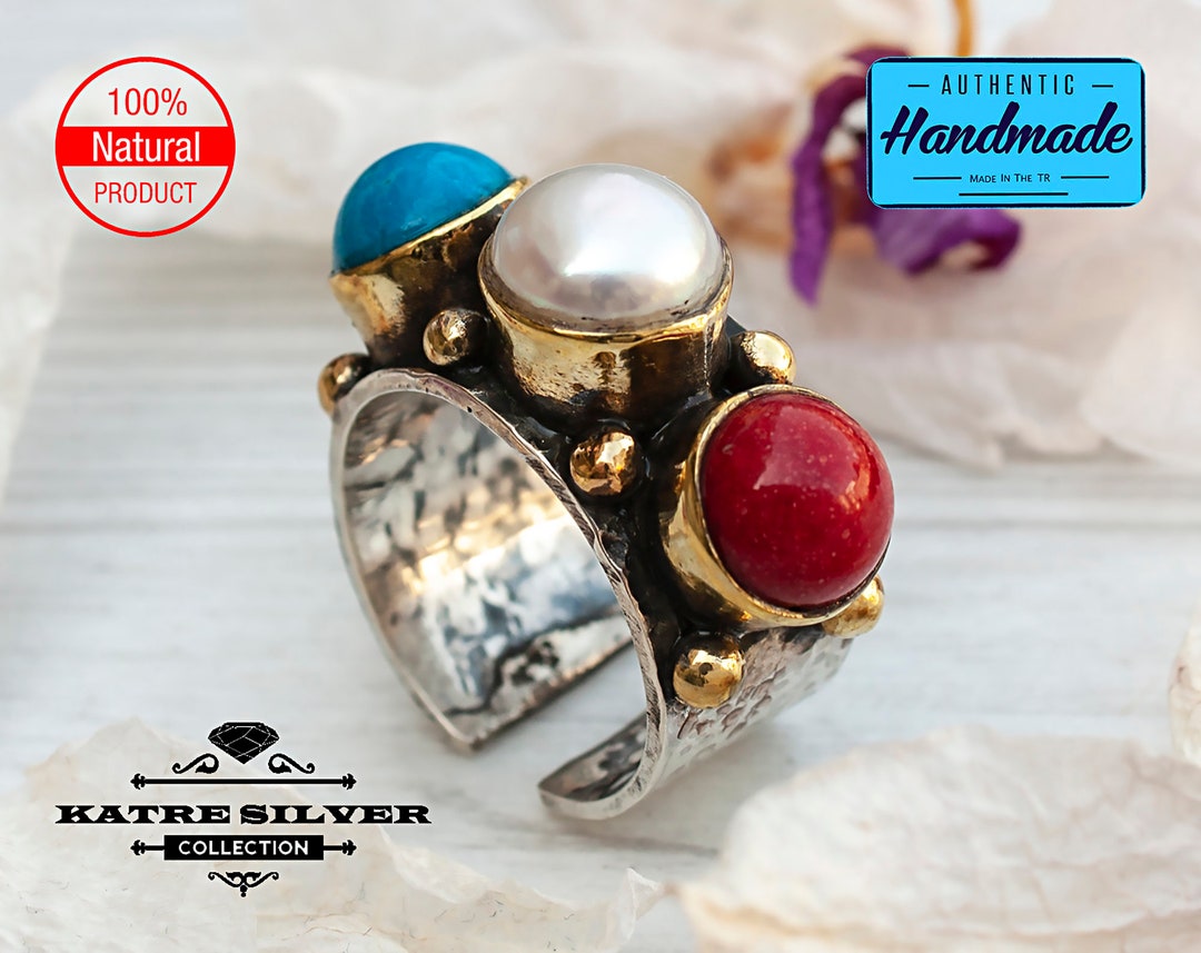 Native American Ring- Multi Gemstone Ring, American Patriotic Ring ...