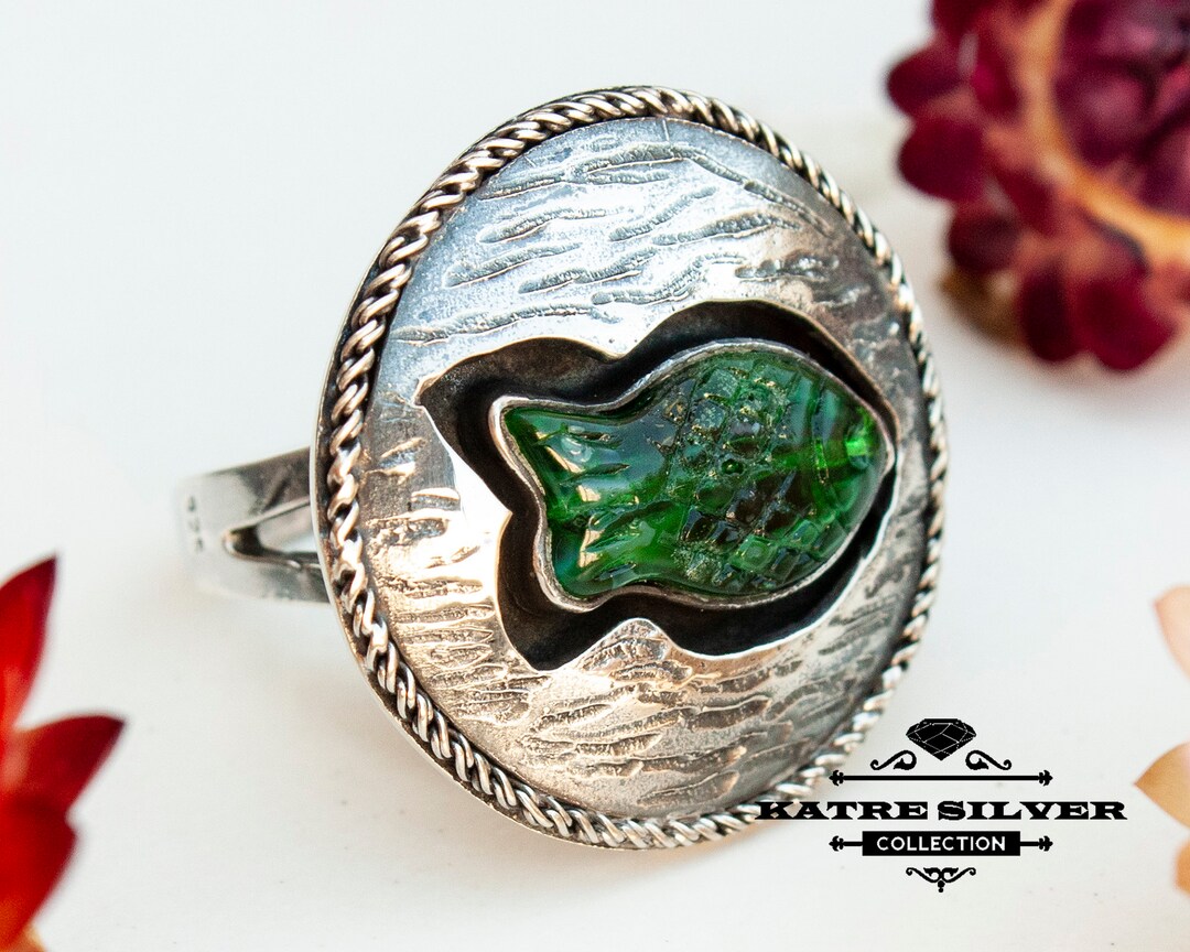 Green Fish Statement Ring, Silver Fish Ring, Fish Ring, Sea Ring ...