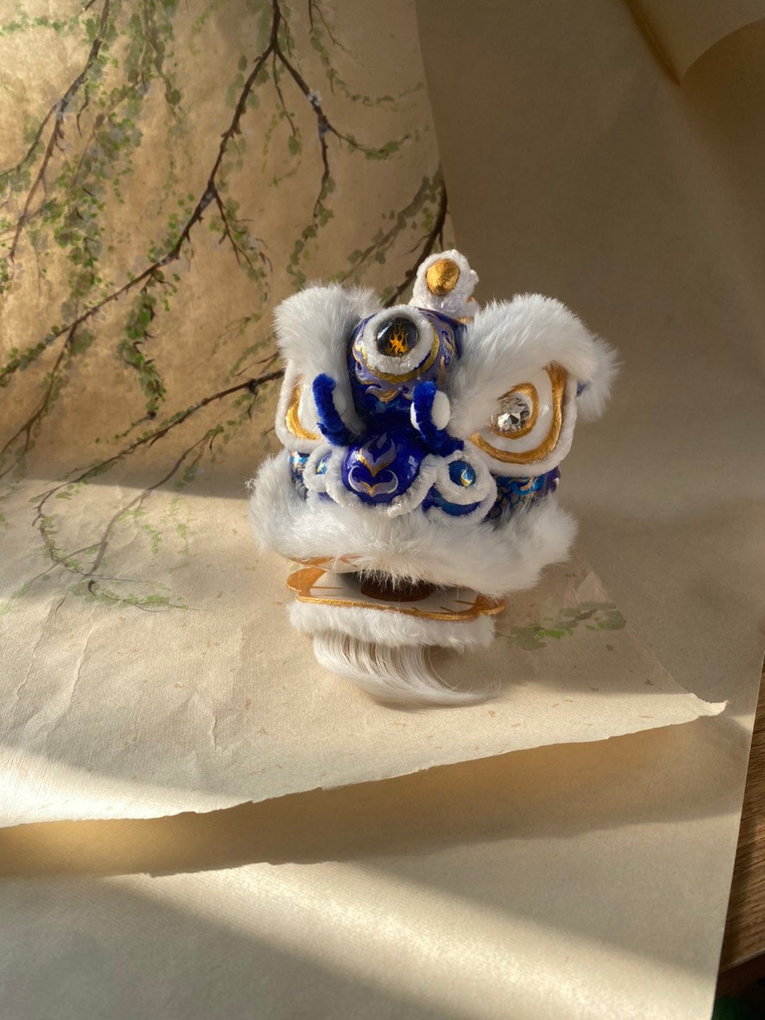 Gift for Best Friend, White and Blue Lion Dance Head Mini 12cm ...