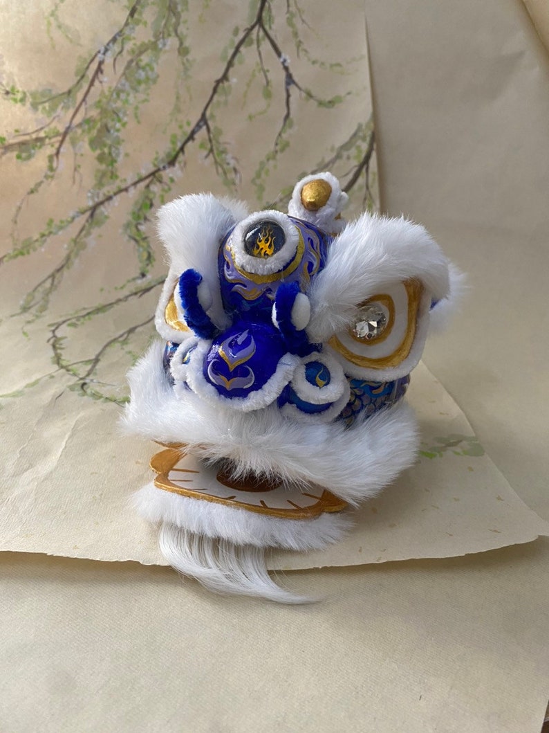 Gift for Best Friend, White and Blue Lion Dance Head Mini 12cm ...