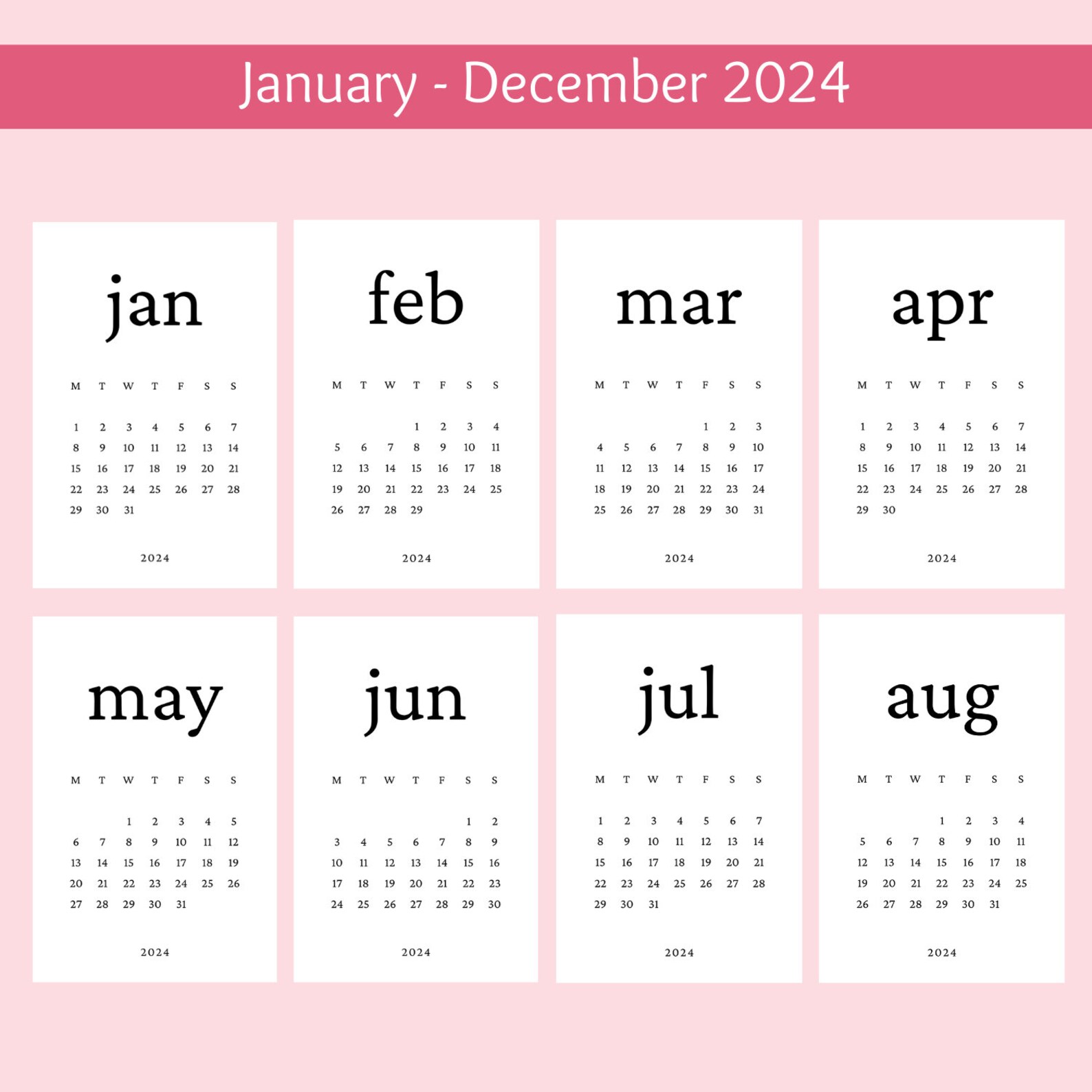 Printable 2024 Mini Calendar Monday Start Monthly Desk Calendar 3x2 ...