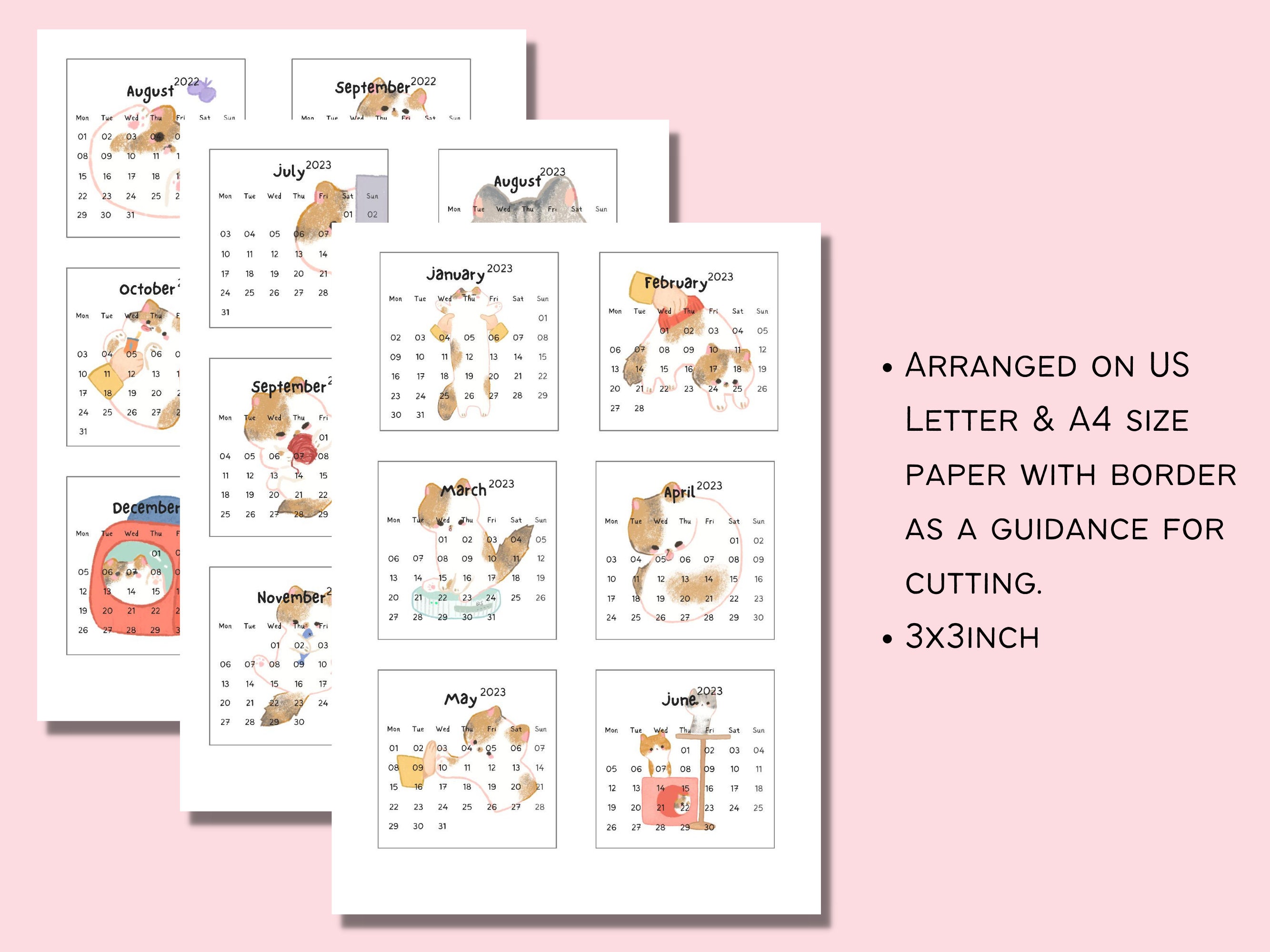 Printable 2022-2023 Mini Calendar Cat Theme - Etsy