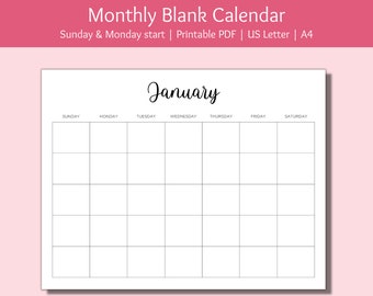 Monthly Blank Calendar, Printable Calendar Template, Horizontal ...