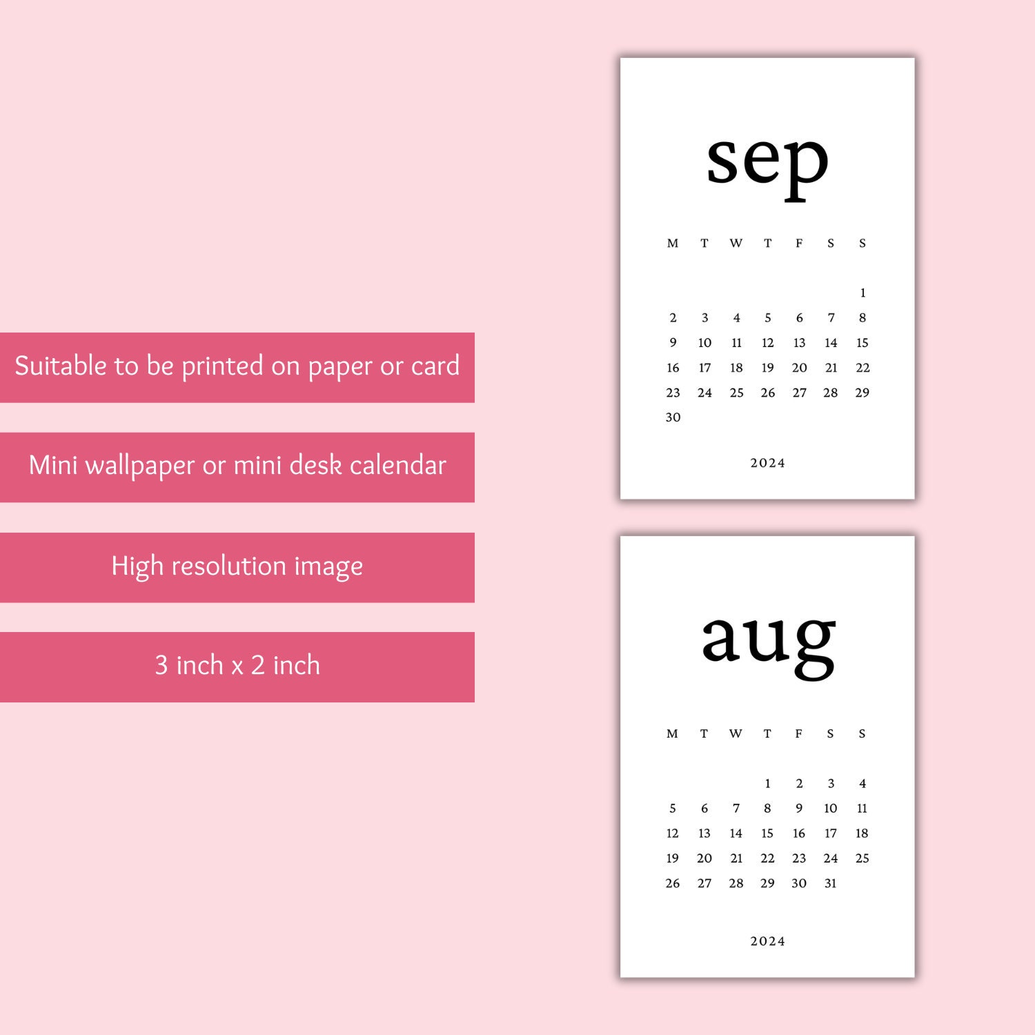 Printable 2024 Mini Calendar Monday Start Monthly Desk Calendar 3x2 ...