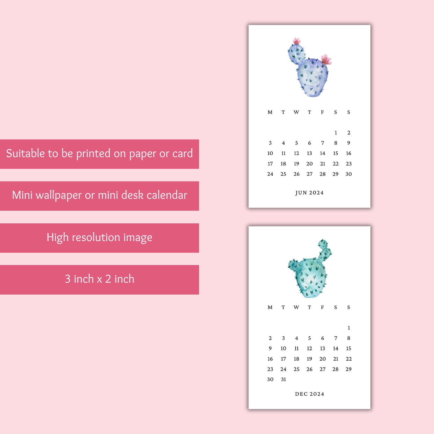 Printable 2024 Mini Calendar Monday Start Monthly Desk Calendar 3x2 ...