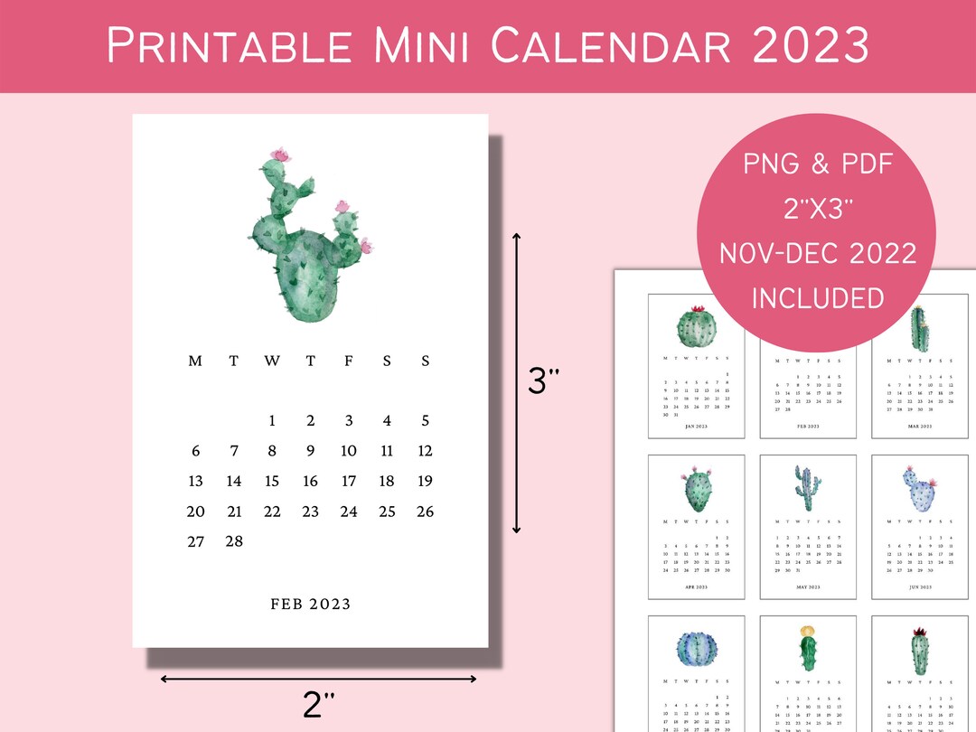 Printable 2023 Mini Calendar, Succulent Theme Mini Calendar - Etsy