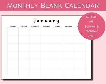 Monthly Blank Calendar Sunday-start, Horizontal Printable Calendar ...