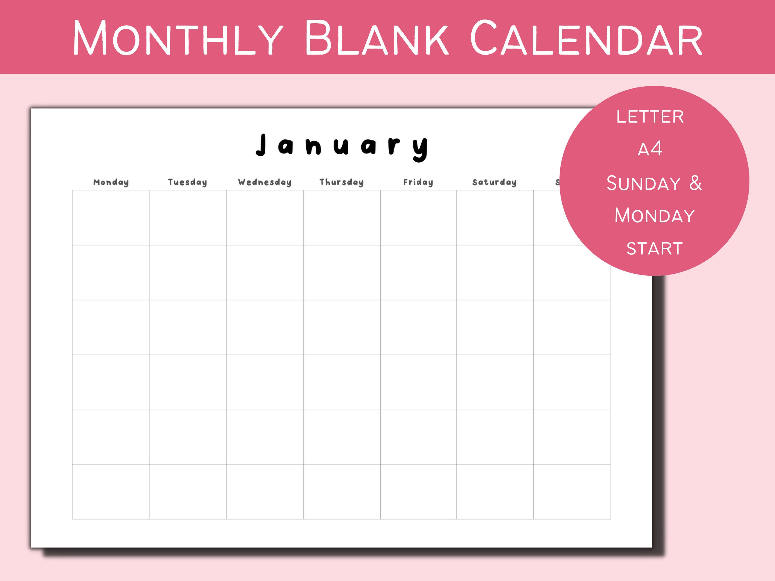 Printable Monthly Blank Calendar - Etsy