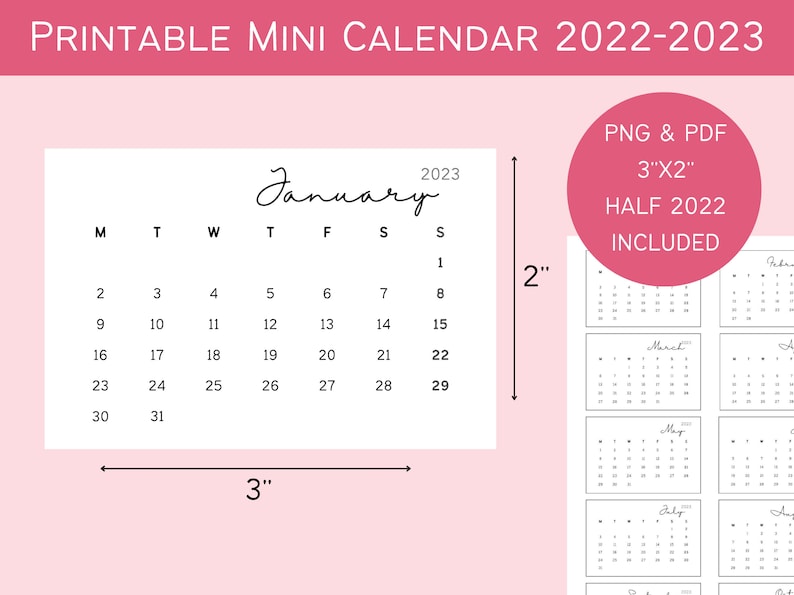 Printable 2022-2023 Mini Calendar - Etsy