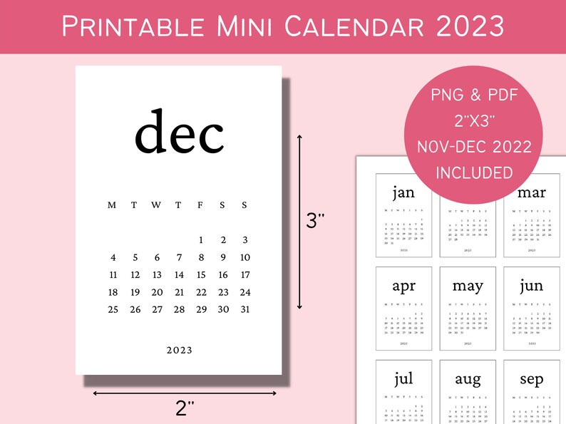 Printable 2023 Mini Calendar - Etsy