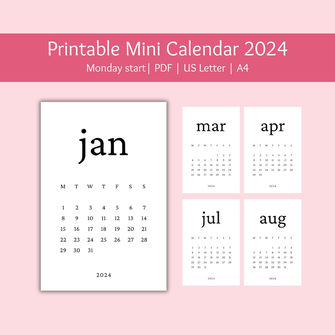 Printable 2024 Mini Calendar Monday Start Monthly Desk Calendar 3x2 ...
