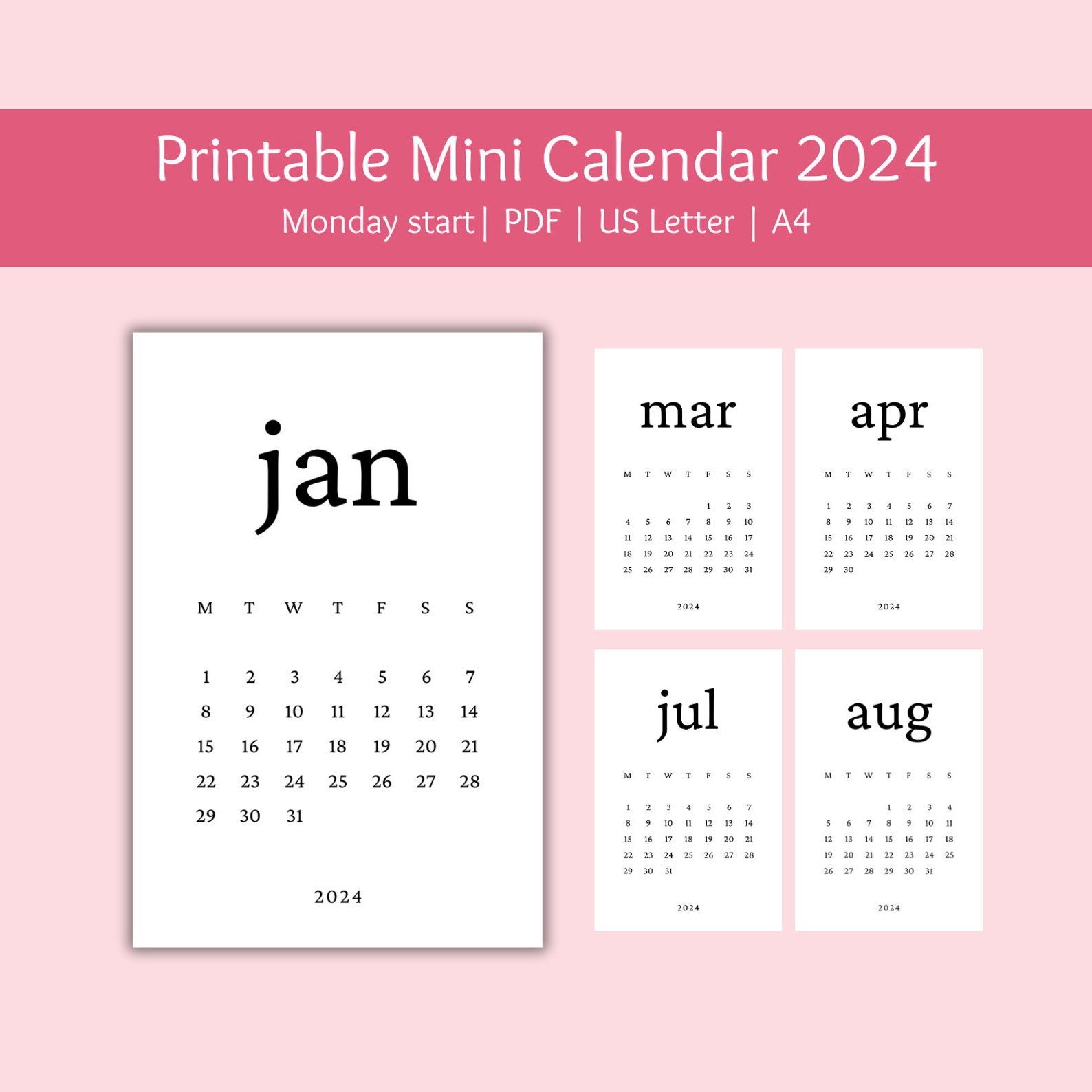 Printable 2024 Mini Calendar Monday Start Monthly Desk Calendar 3x2 ...