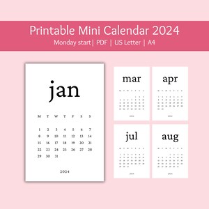 Printable 2024 Mini Calendar Monday Start Monthly Desk Calendar 3x2 ...