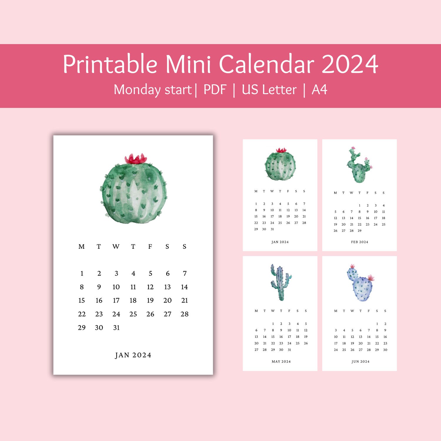 Printable 2024 Mini Calendar Monday Start Monthly Desk Calendar 3x2 ...