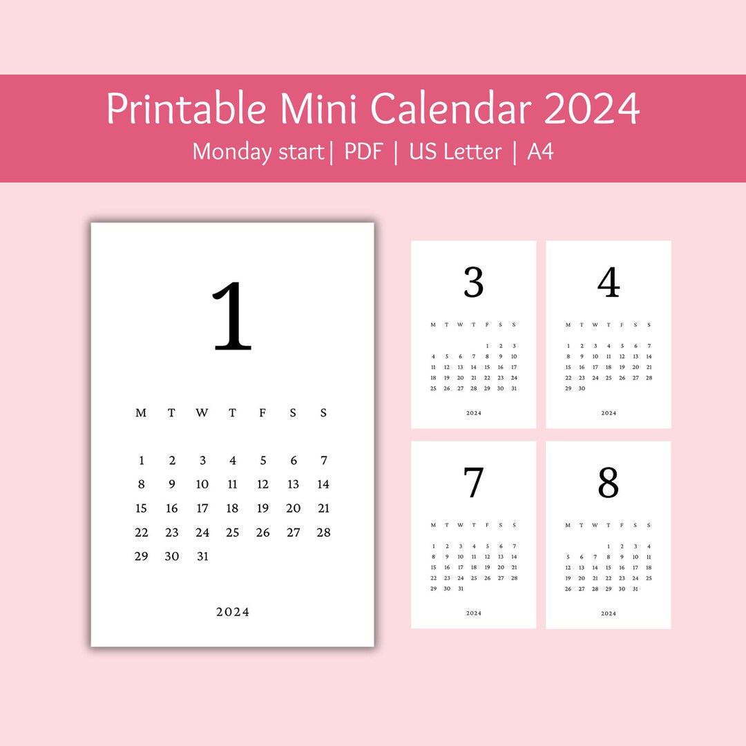 Printable 2024 Mini Calendar - Monday Start - Monthly Desk Calendar ...