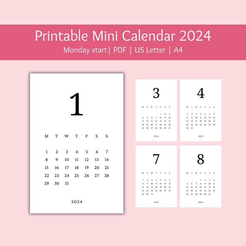 Printable 2024 Mini Calendar - Monday Start - Monthly Desk Calendar ...