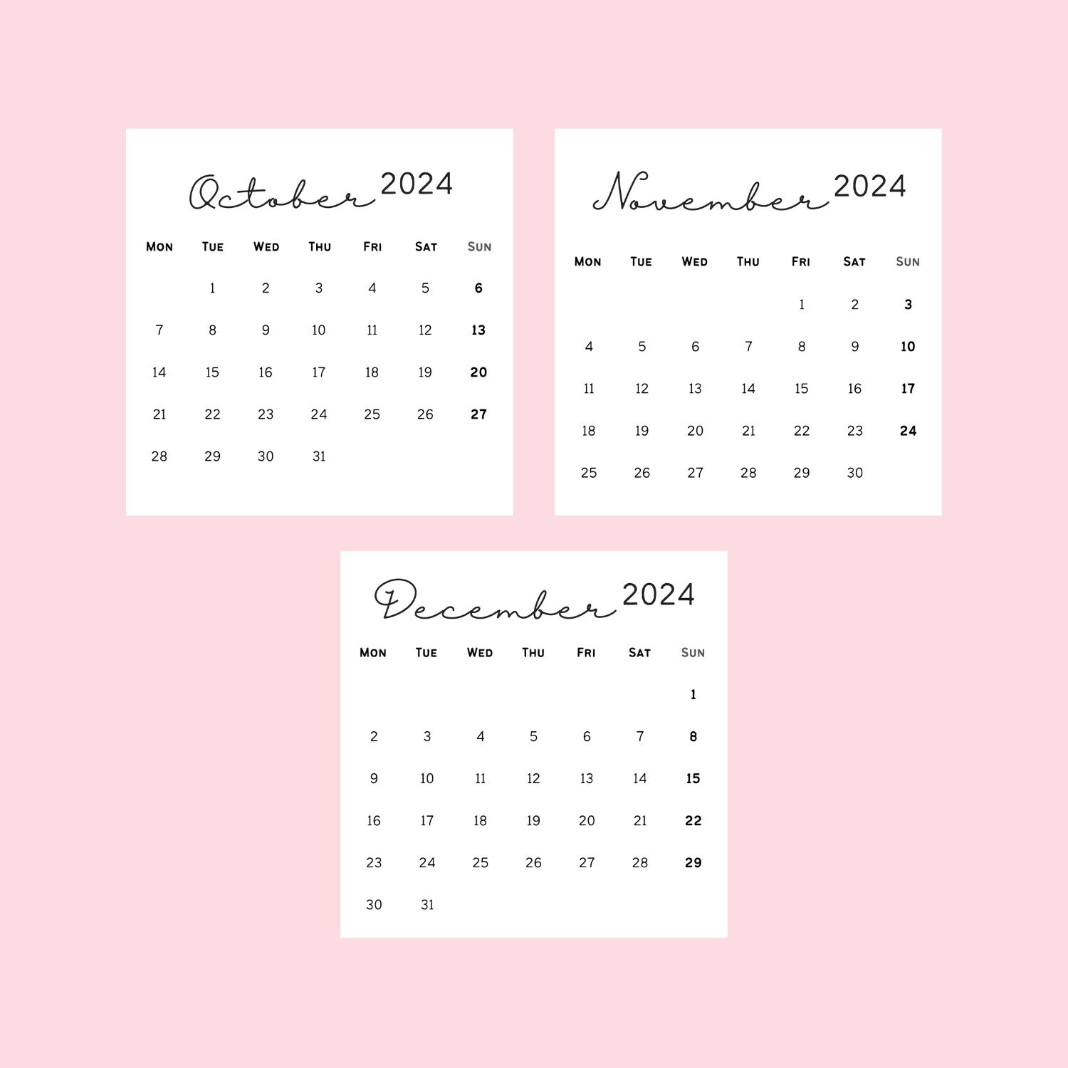 Printable 2024 Mini Calendar Bundle Monday Start Monthly Desk Calendar ...