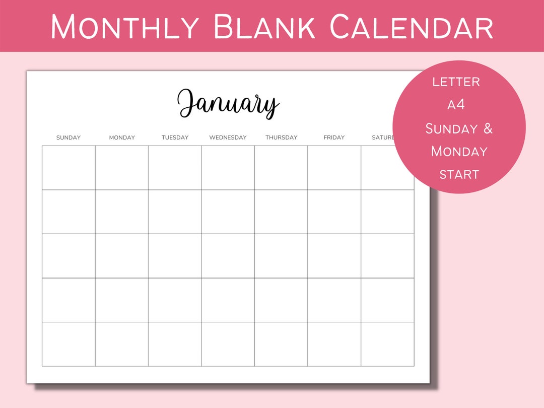 Printable Monthly Blank Calendar - Etsy