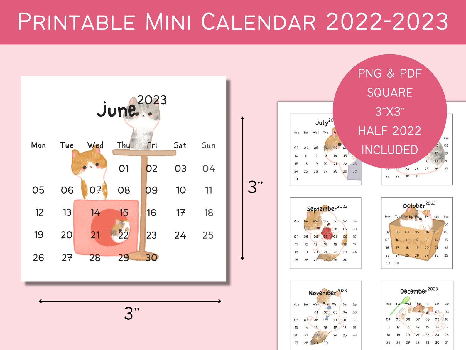 Printable 2022-2023 Mini Calendar Cat Theme - Etsy