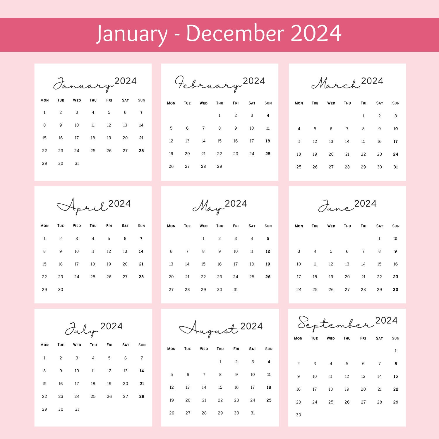 Printable 2024 Mini Calendar Bundle Monday Start Monthly Desk Calendar ...