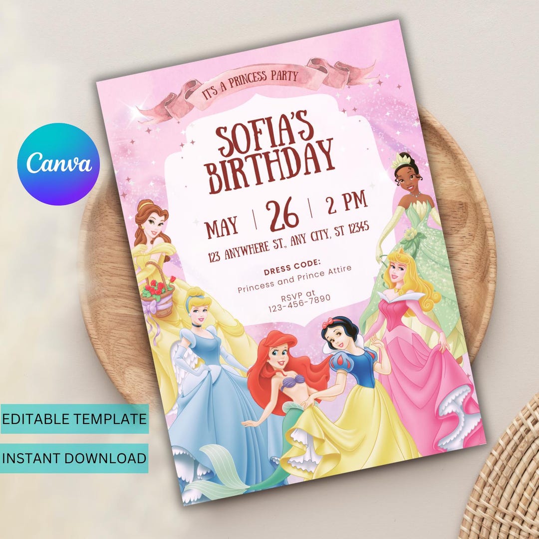 Princess Birthday Invitation, Editable Princess Party Invitation ...
