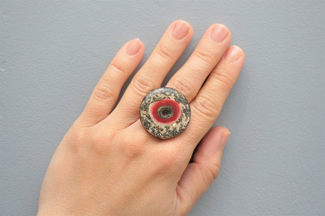 Statement Gray With Red Dot Glossy Round Ring, Adjustable Size, Wood ...
