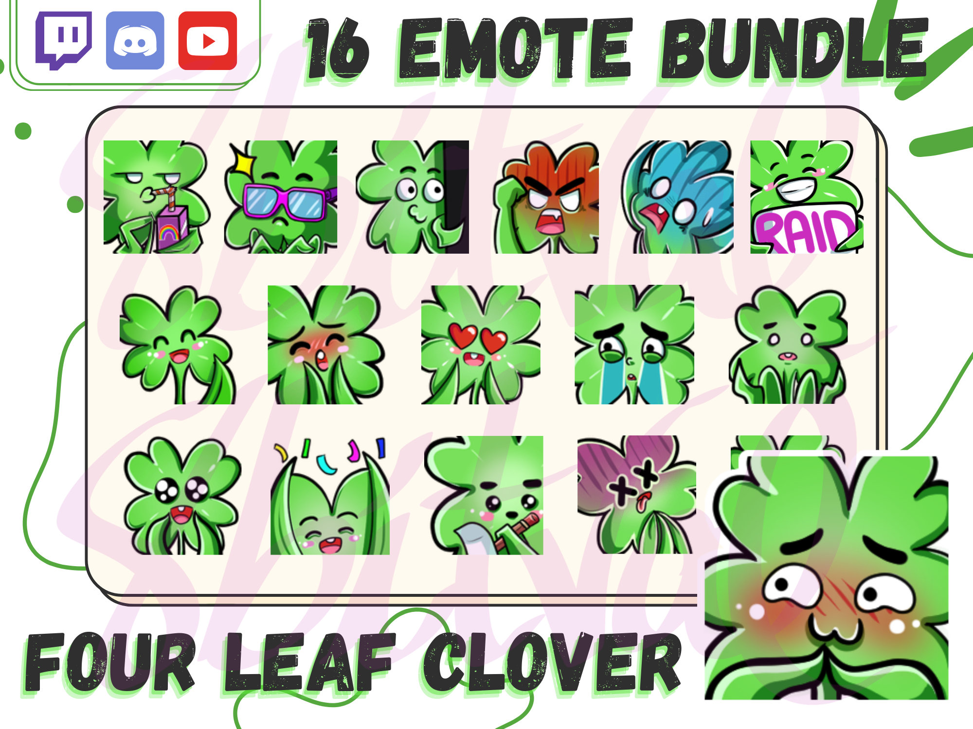 Four Leaf Clover Emotes for Twitch, Discord, Youtube, Shamrock Emotes ...