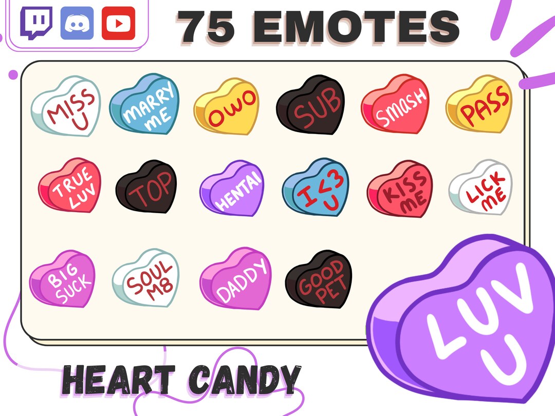 75 Heart Candies Emotes for Twitch, Discord, Youtube. Valentine's Day ...
