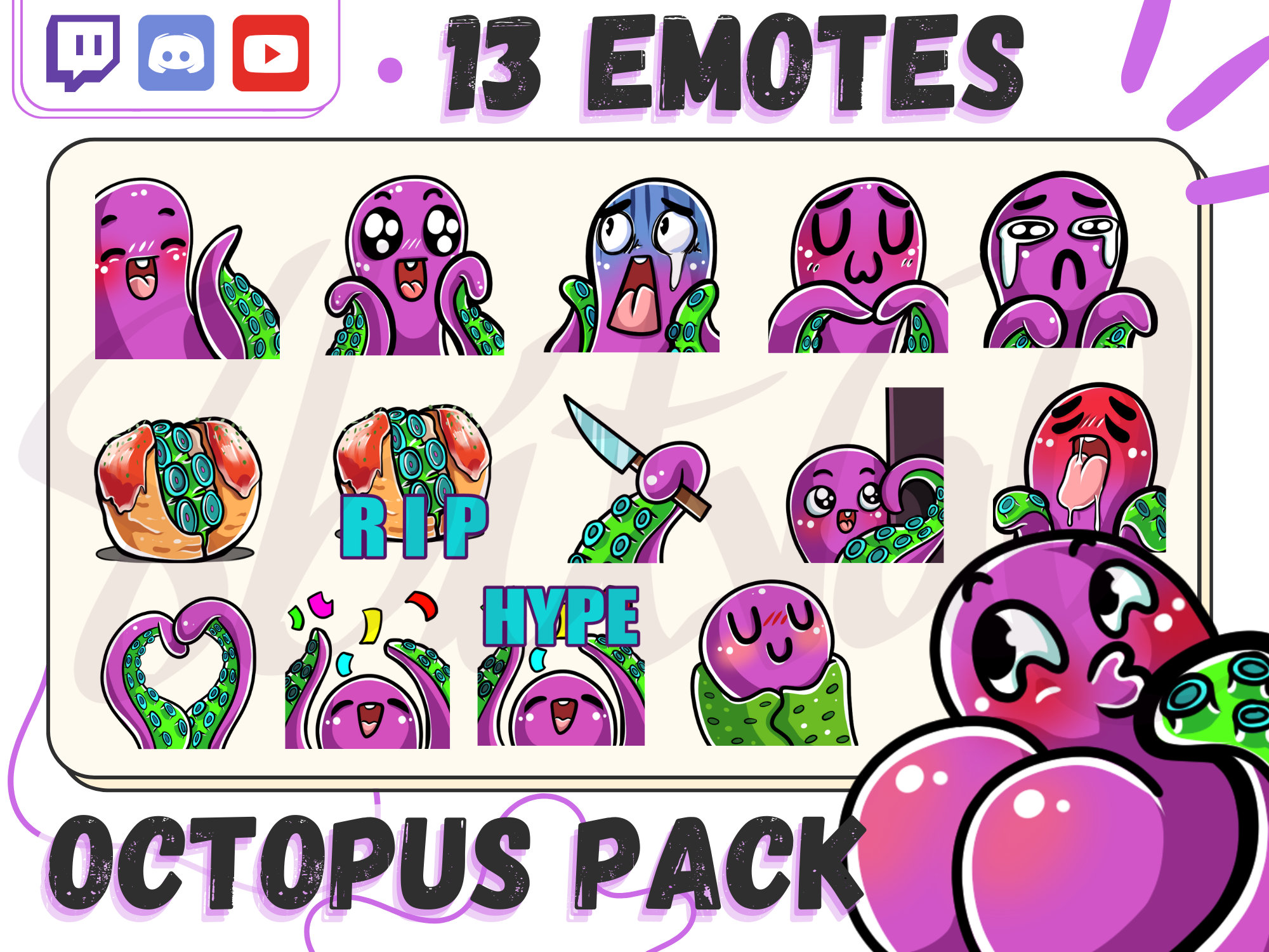 Octopus and Tentacle Emotes for Twitch, Discord, Youtube. Octopus or ...