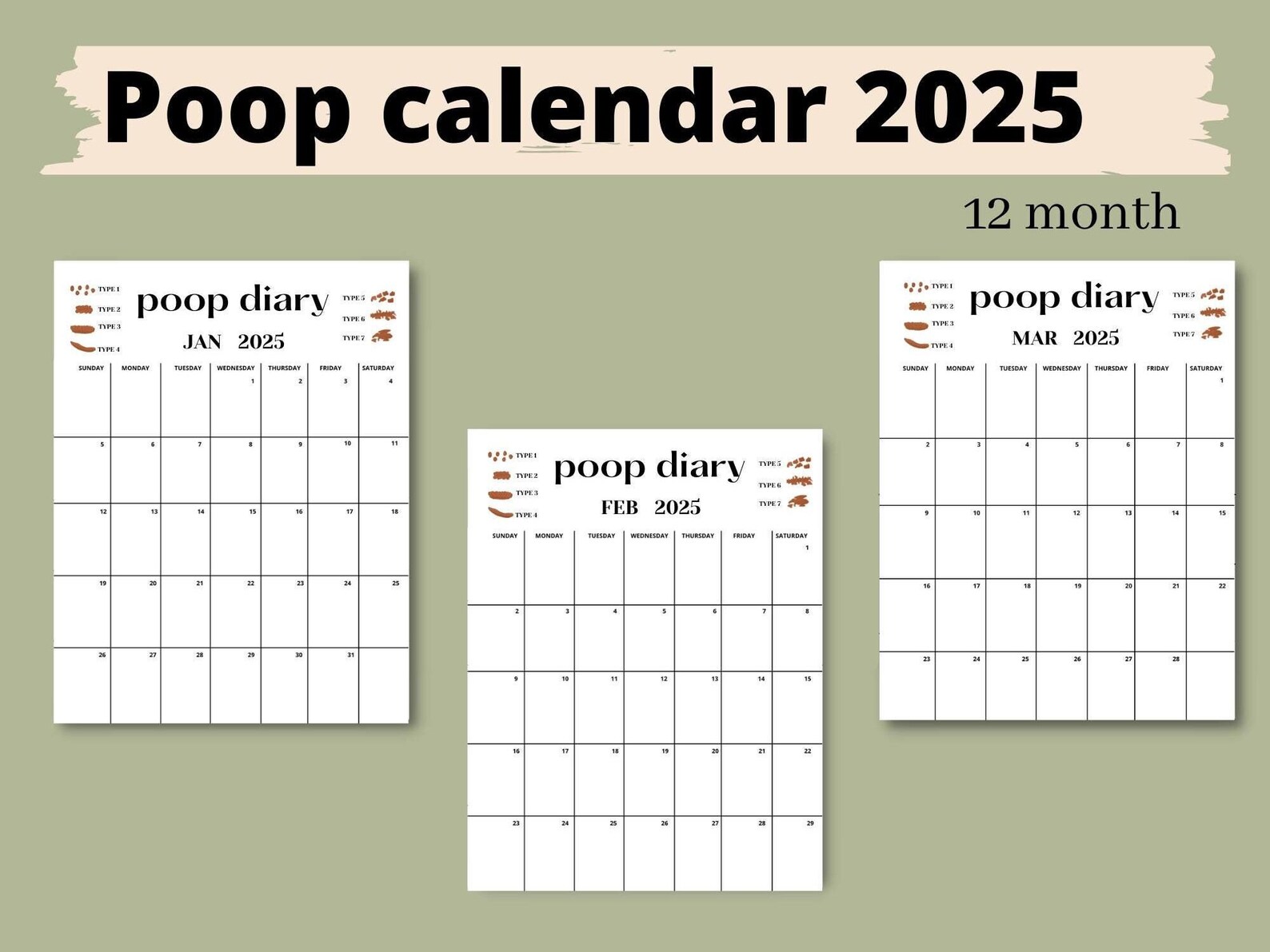 2025 Poop Calendar,stool Tracker,bristol Chart,bowel Movement Journal ...