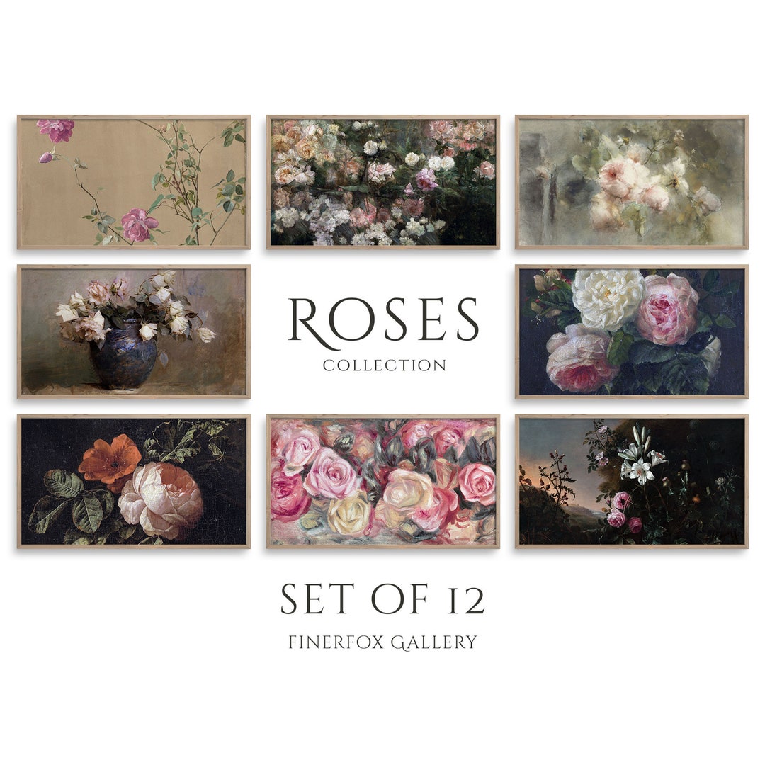 Romantic Roses TV Art Set, Vintage Pink Flower Painting (digital ...