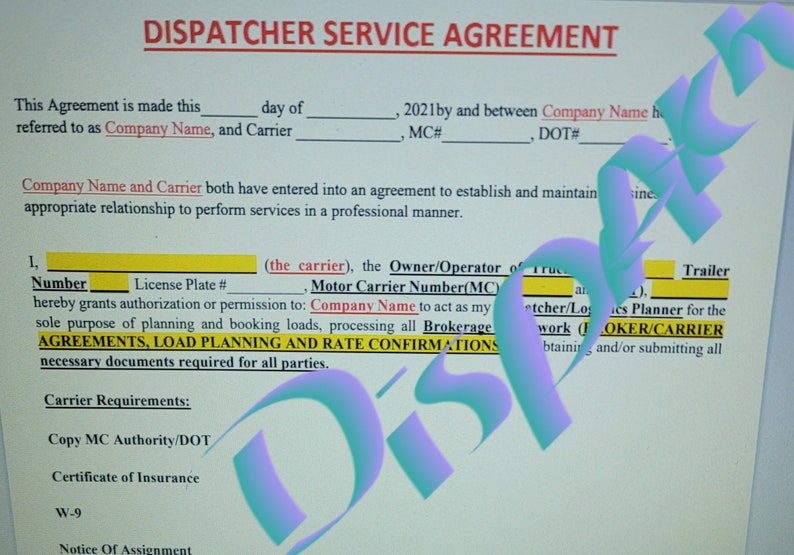Dispatcher Carrier Agreement Packet - Etsy
