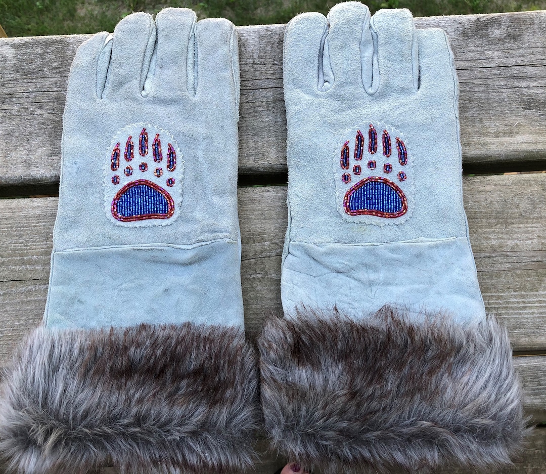 Native American Hand Crafted Dyed Leather Beaded Gauntlet Gloves ...