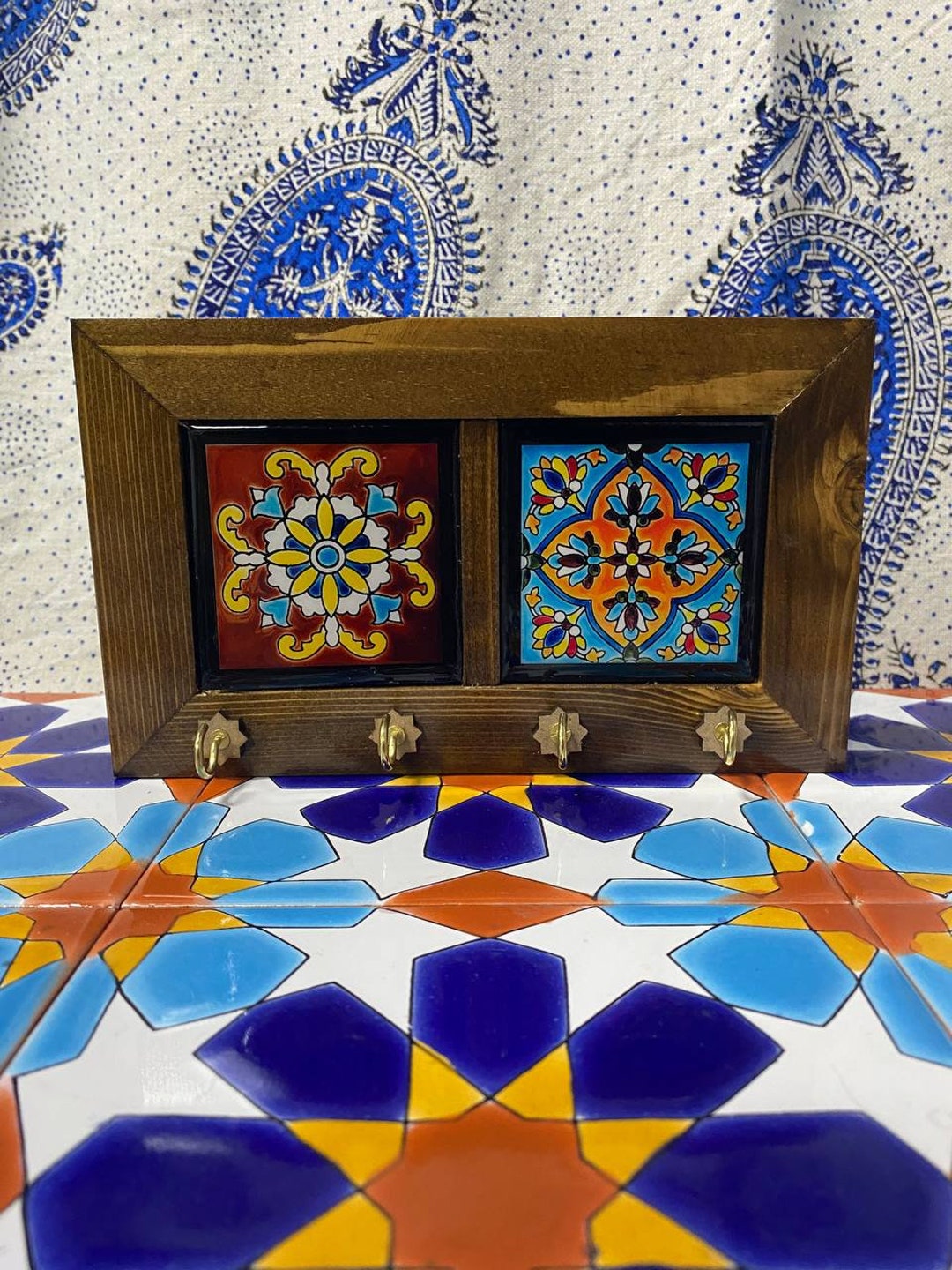 Wall Hanging Wood Frame Traditional Tile Design Key Hanger - Etsy