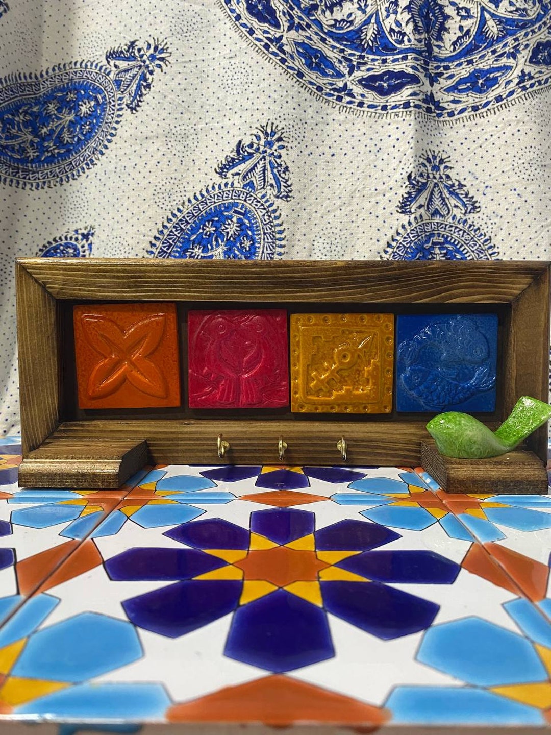Wall Hanging Wood Frame Traditional Tile Design With Bird Key Hanger - Etsy