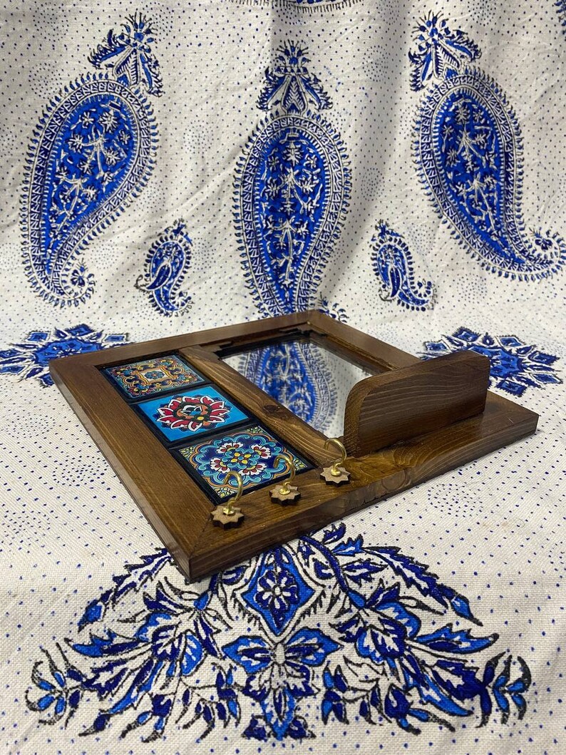 Wall Hanging Wood Frame Traditional Tile Design With Mirror Key Hanger ...