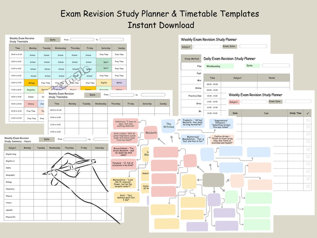 Exam Revision Study Planner: Timetable & Mind Map (printable PDF) - Etsy