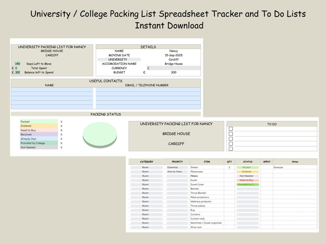 University / College Packing List Spreadsheet | Editable University ...