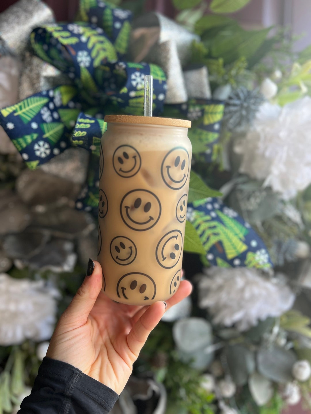 Smiley Face Frosted Glass Can | Frosted 18oz Can | Cute Smiley Face ...