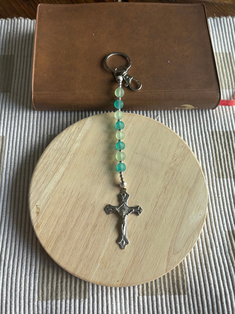 Rosary Key Ring, Rosary Key Ring, Silver Cross Key Ring, Green Pearl ...